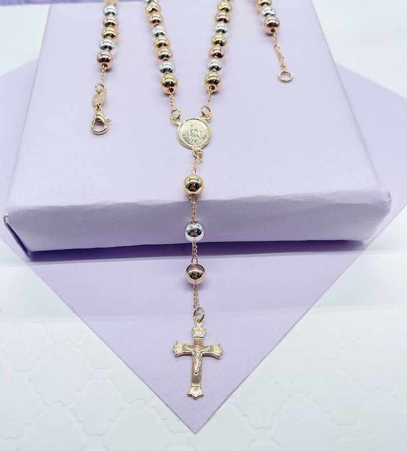 18k Gold Filled Tri-colored Rosary With Virgin Mary Medal and Crucifix ...