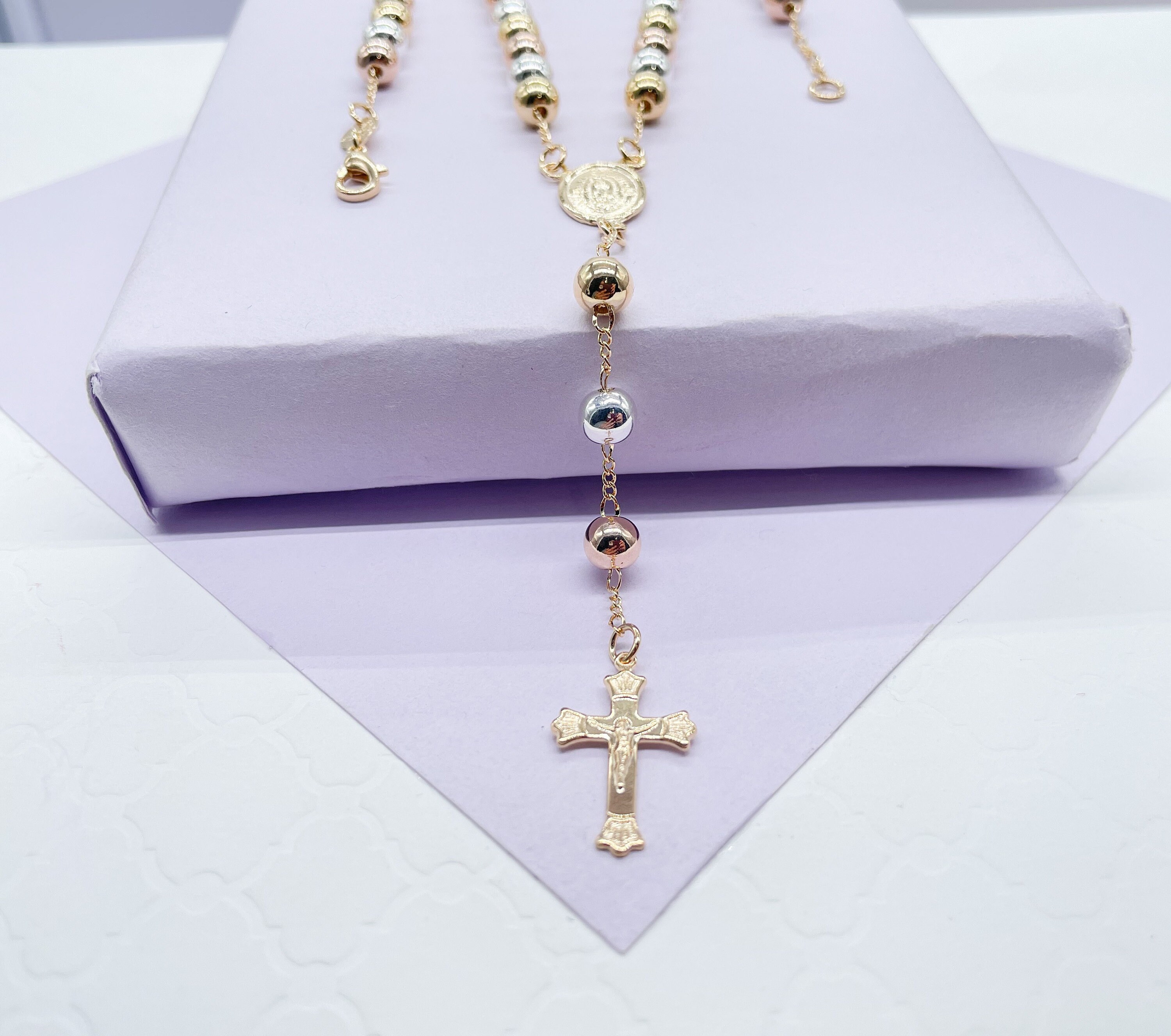18k Gold Filled Tri-colored Rosary With Virgin Mary Medal and Crucifix ...