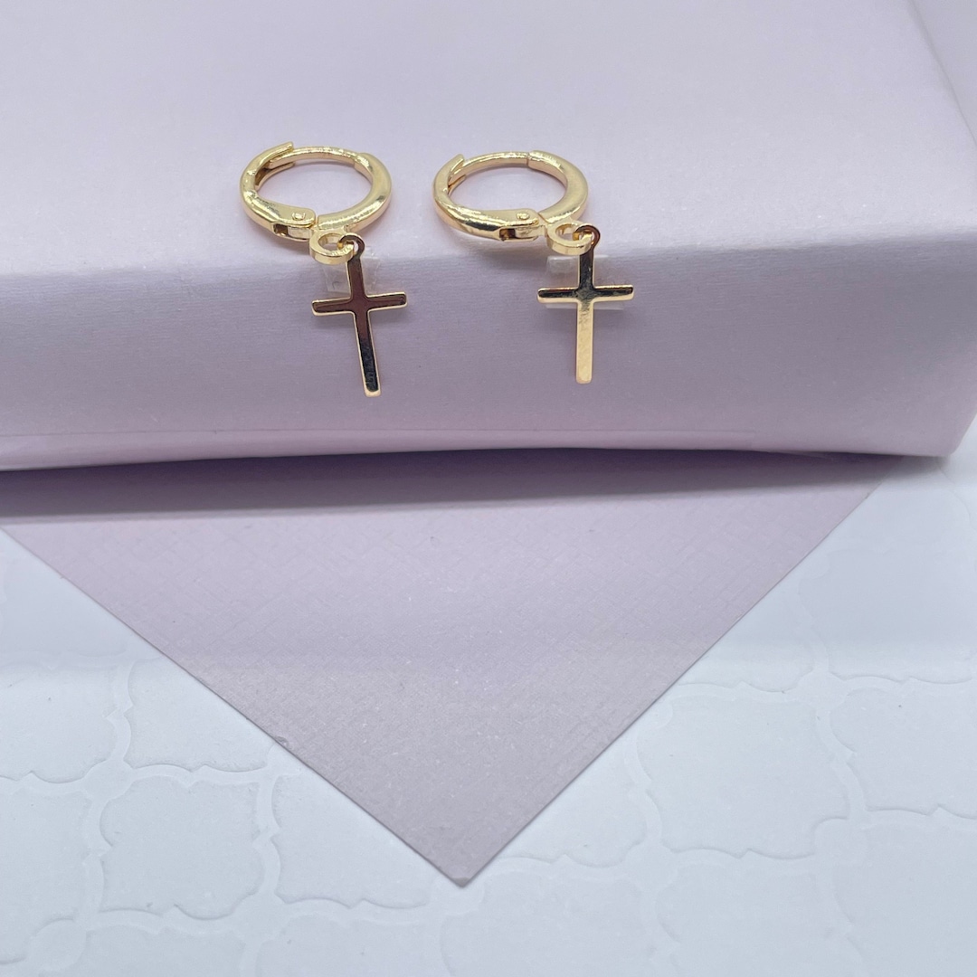 18k Gold Filled Tiny Plain Hanging Cross Hoop Earrings Jewelry - Etsy