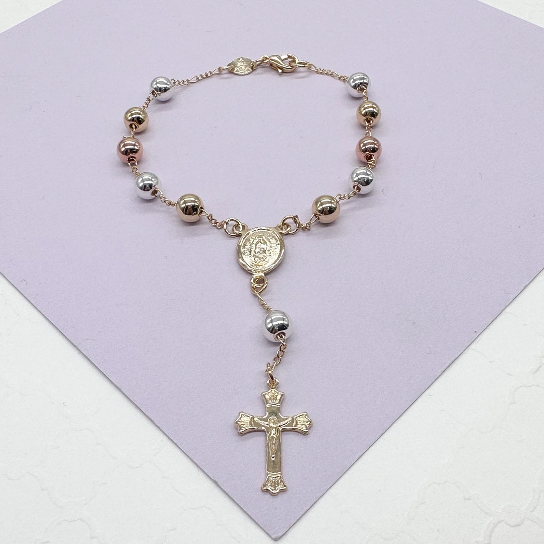 18k Goldfilled Tri-colored Rosary Bracelet With Virgin Mary Charm - Etsy