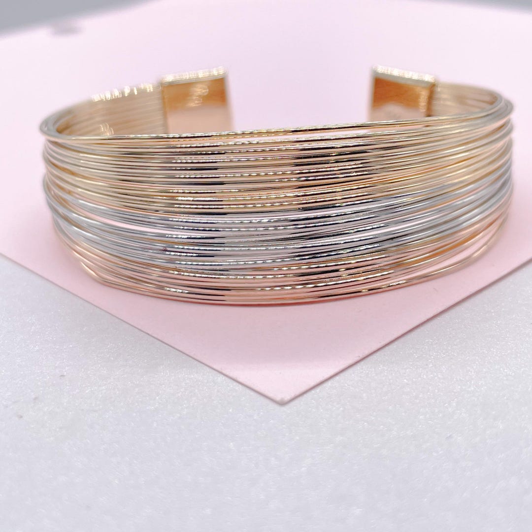 18k Gold Filled Tri-color Wire Layered Bangle Cuff Bracelets - Etsy