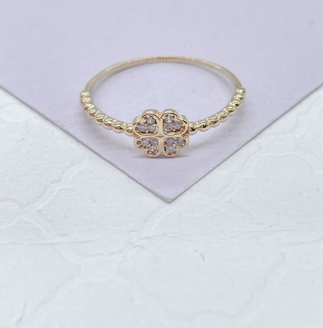 18k Goldfilled Mid Beaded Band Pave Four Leaf Clover Ring Wedding Gift ...