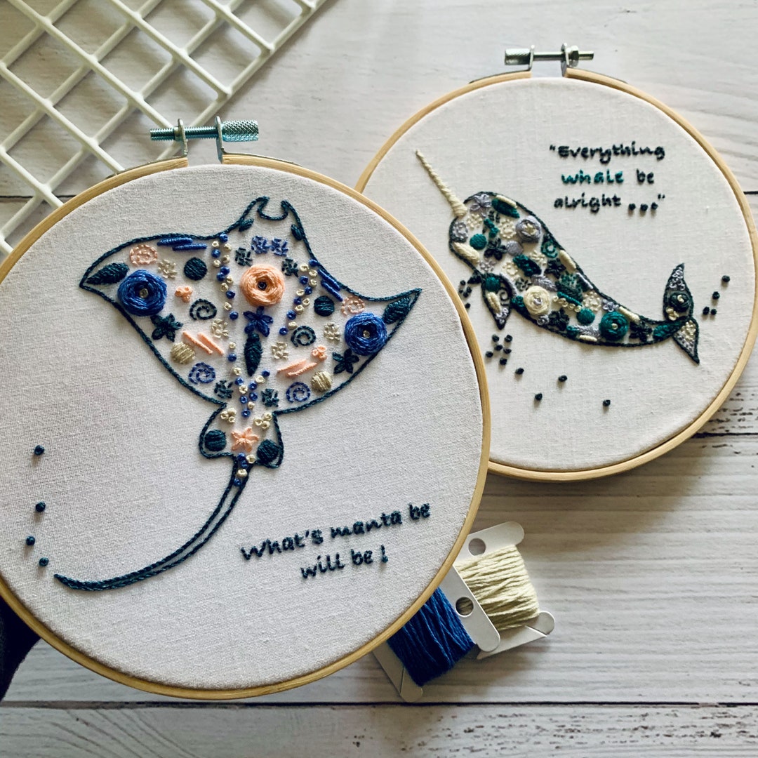 Sea Life Embroidery Kit – Narwhal and Manta Ray DIY Hand Embroidery ...