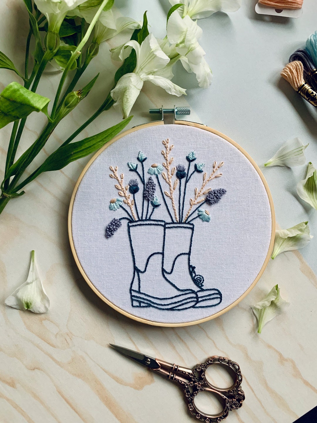 Full Embroidery Kit. Floral Wellington Boots DIY Modern Hoop - Etsy