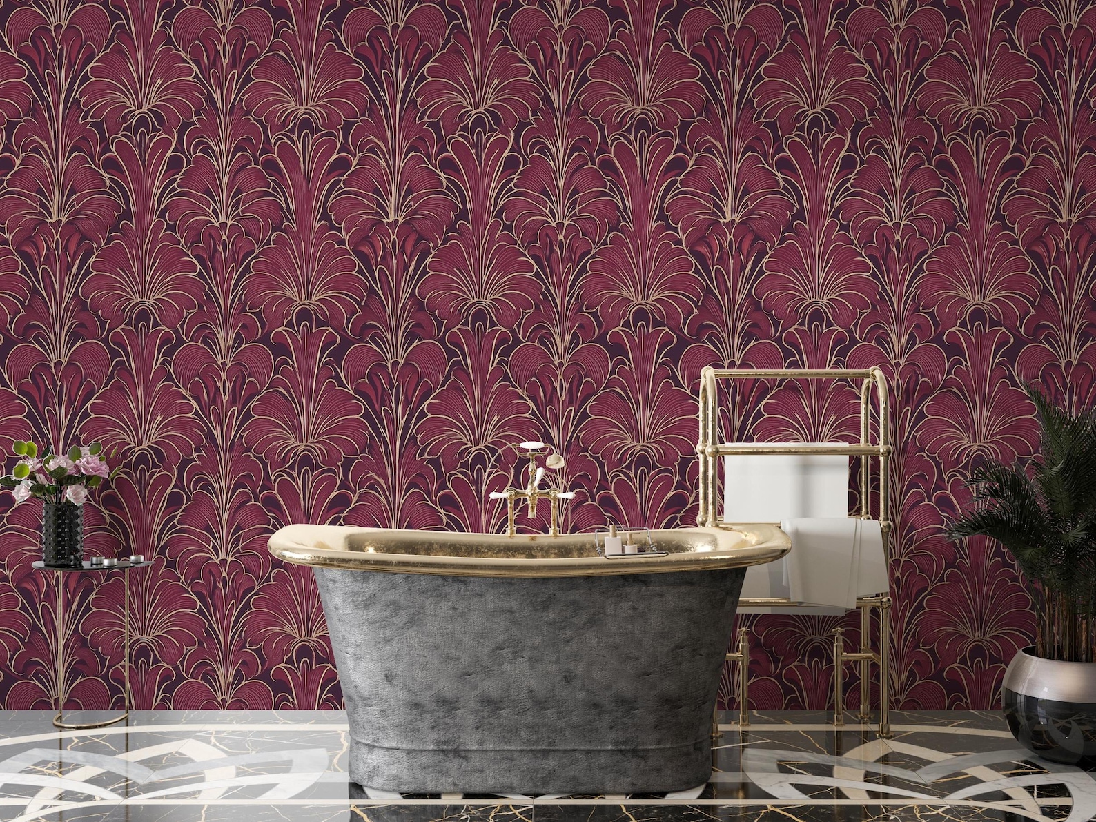 Red Gold Art Deco Wallpaper Erte 1920s Pattern Wall Mural Removable ...