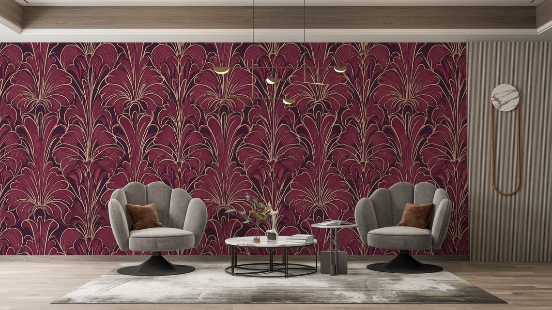 Red Gold Art Deco Wallpaper Erte 1920s Pattern Wall Mural Removable ...