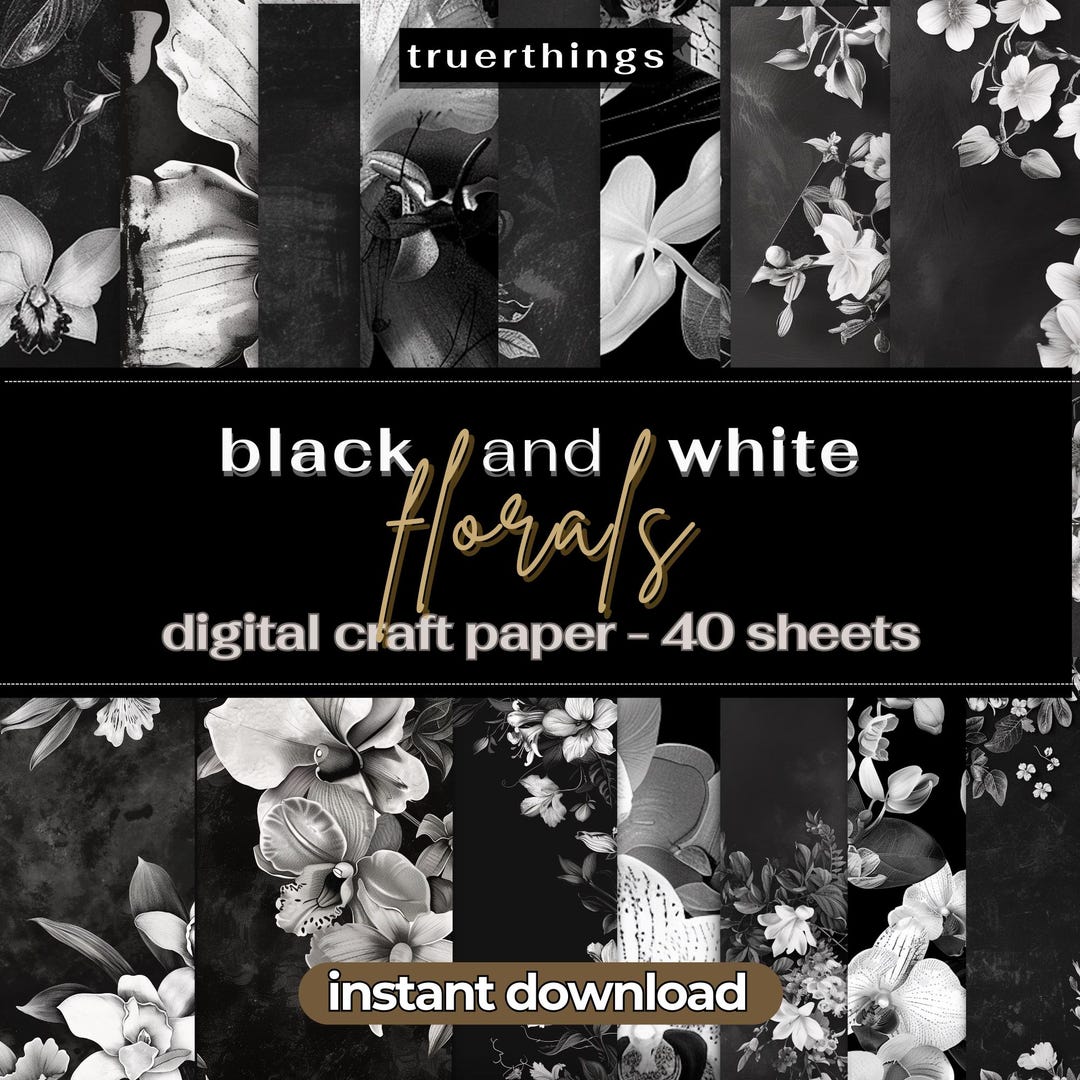 Black and White Florals Digital Paper Bundle Charcoal Flower Art ...