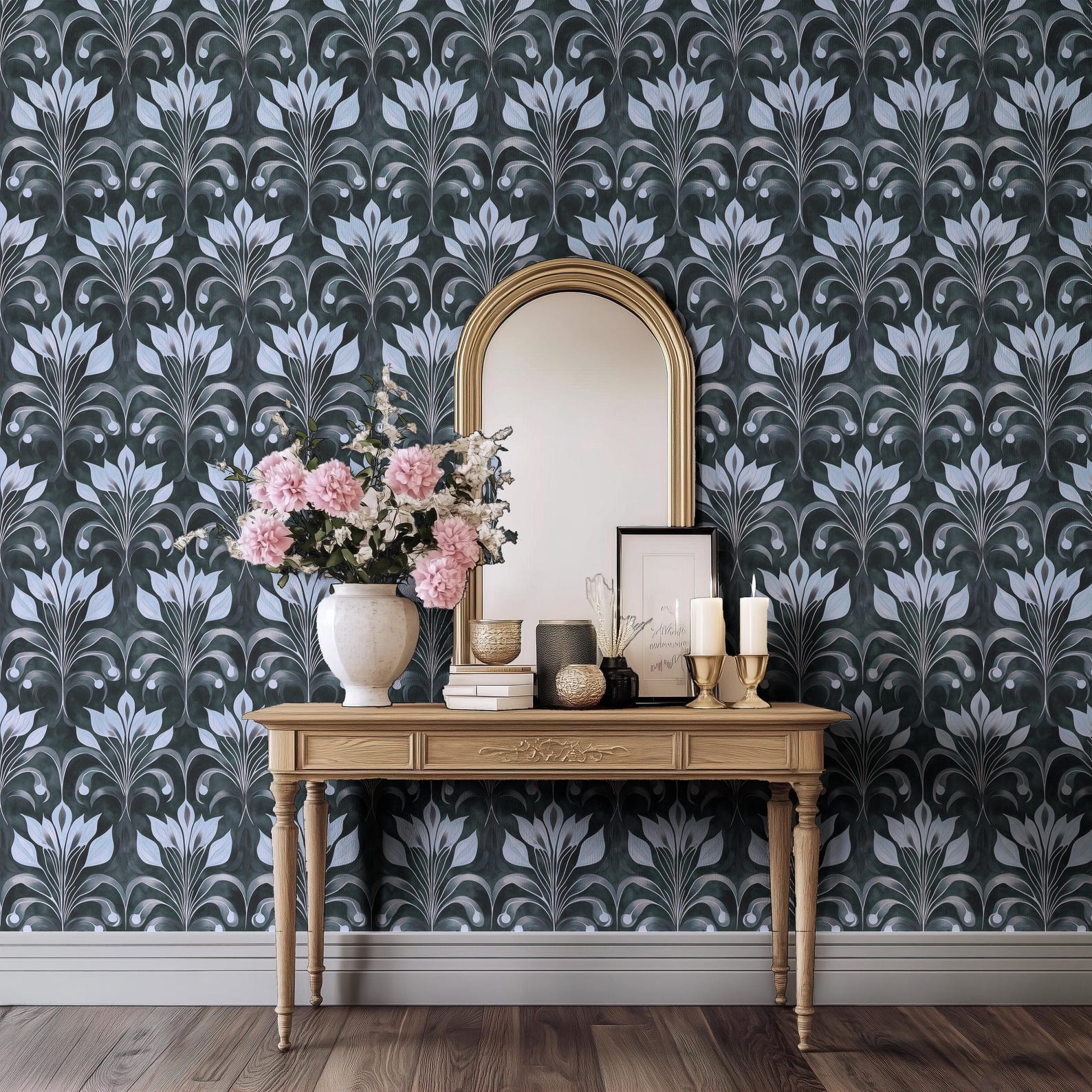 Vintage Blue Damask Wallpaper Peel and Stick Removable Wall Mural ...