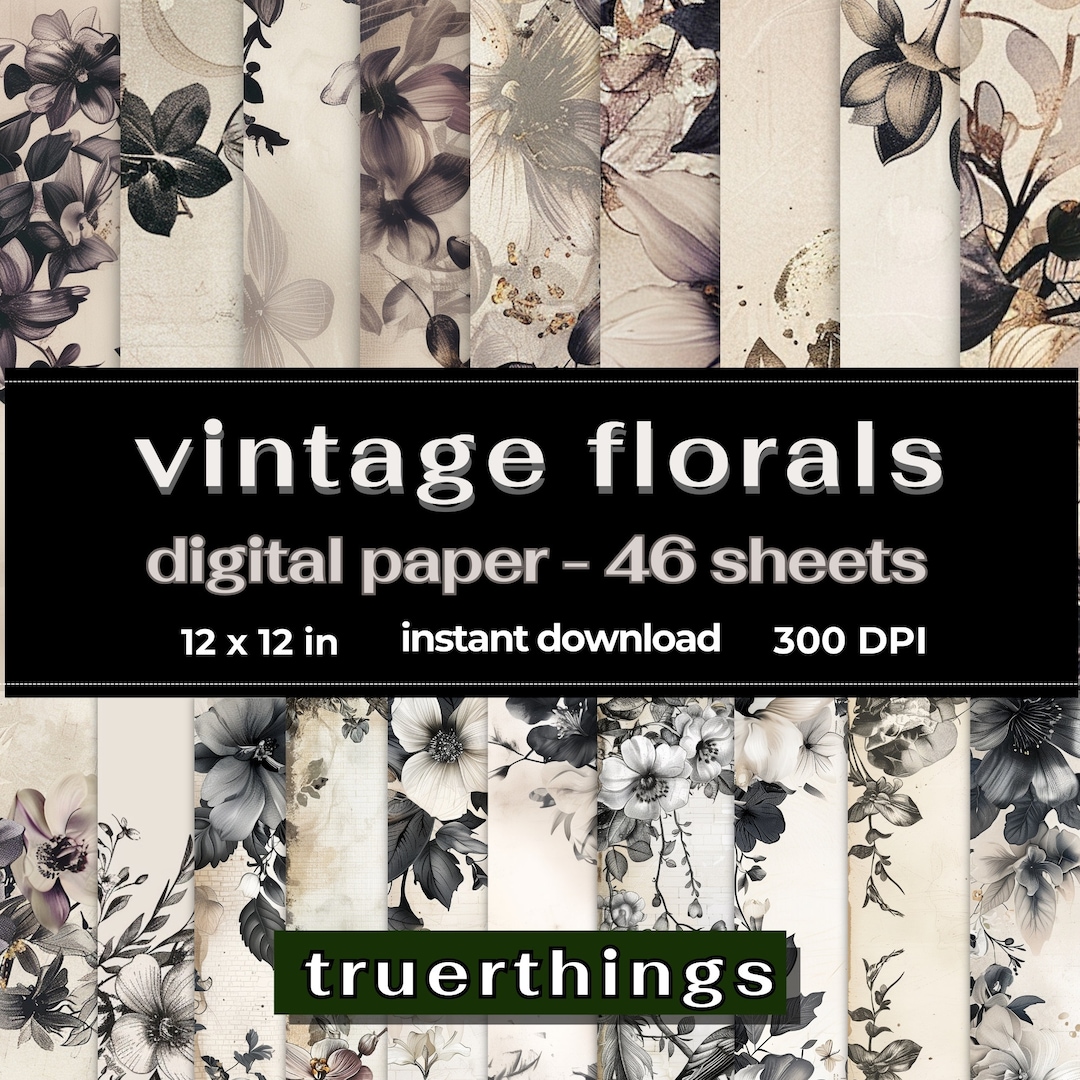 Vintage Florals Digital Paper Bundle Floral Parchment Black Borders ...