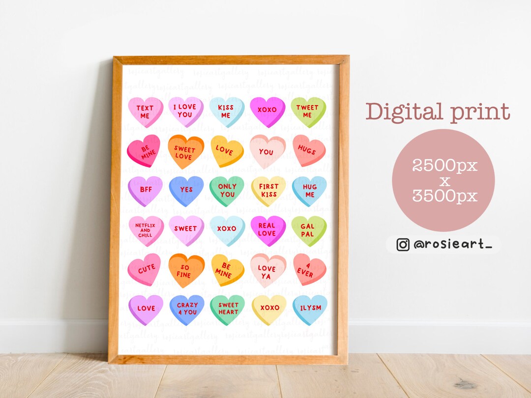 Conversation Hearts Print, Valentines Day Print, Kids Wall Art, Pink ...