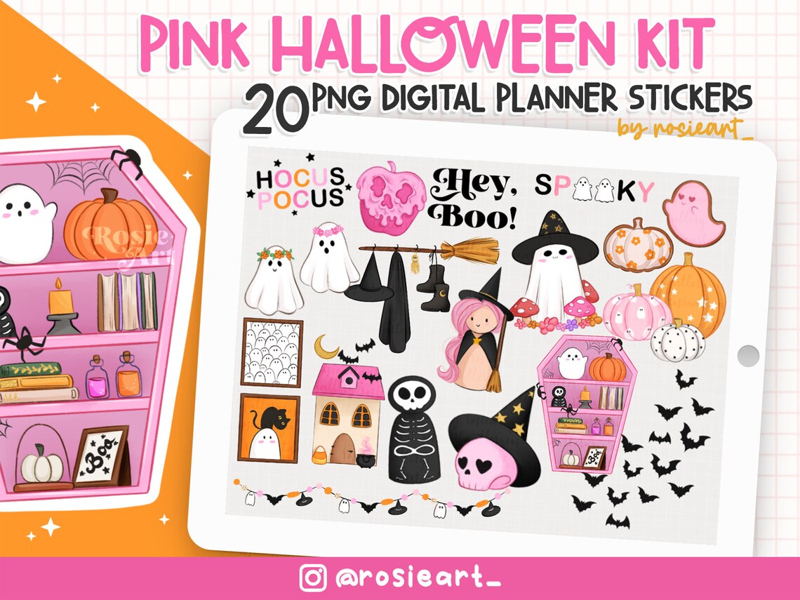 PINK HALLOWEEN DIGITAL Stickers Set for Digital Planner, Halloween Clip ...