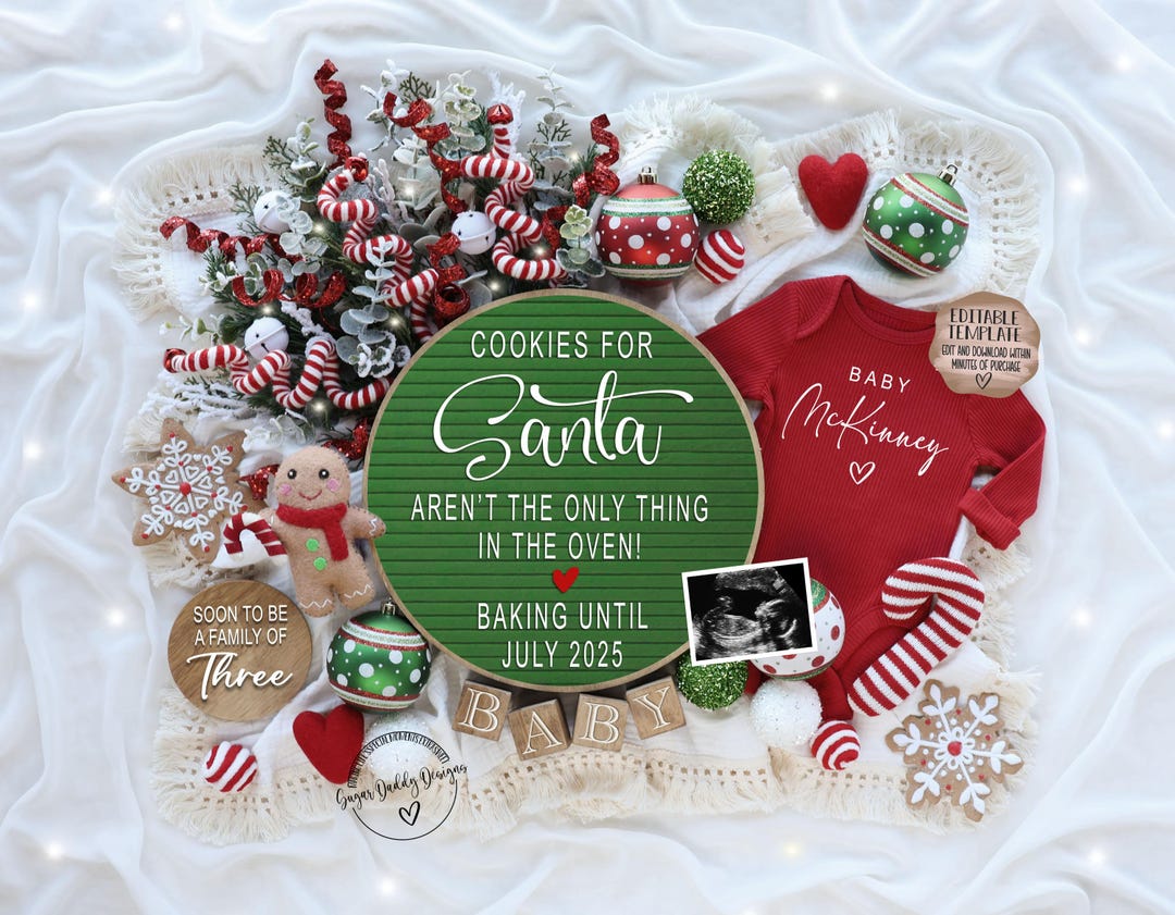 Editable Christmas Cookie Baby Announcement Digital Template, Holiday ...