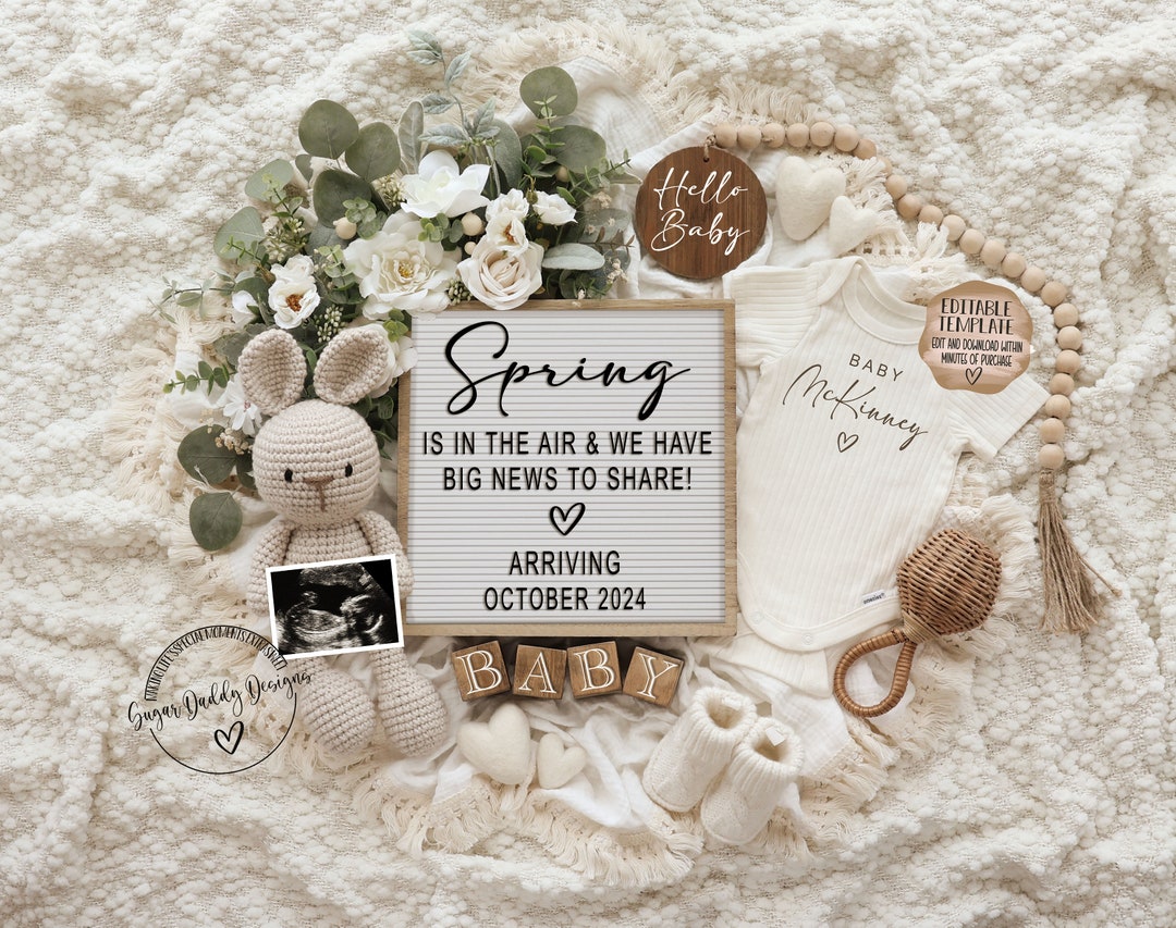 Neutral Spring Pregnancy Announcement Digital | Spring Baby ...
