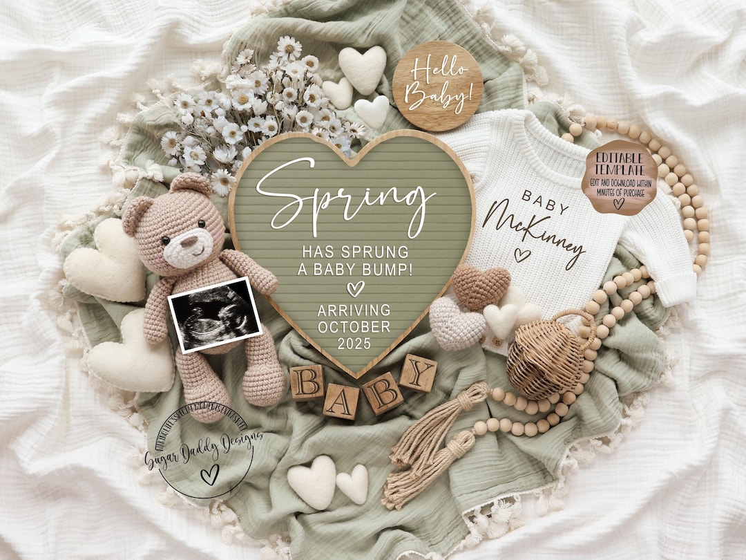 Spring Pregnancy Announcement Digital, Neutral Cute Baby Announcement ...
