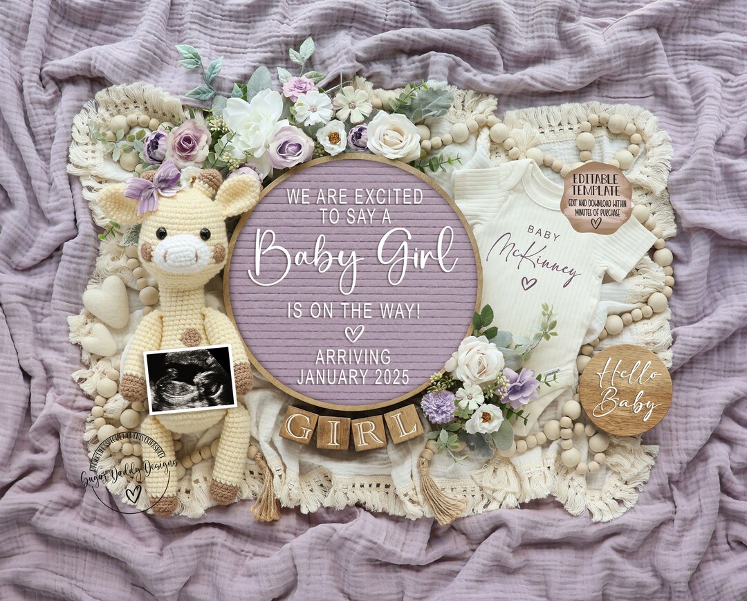 Purple Baby Girl Pregnancy Announcement: Editable Social Media Reveal ...