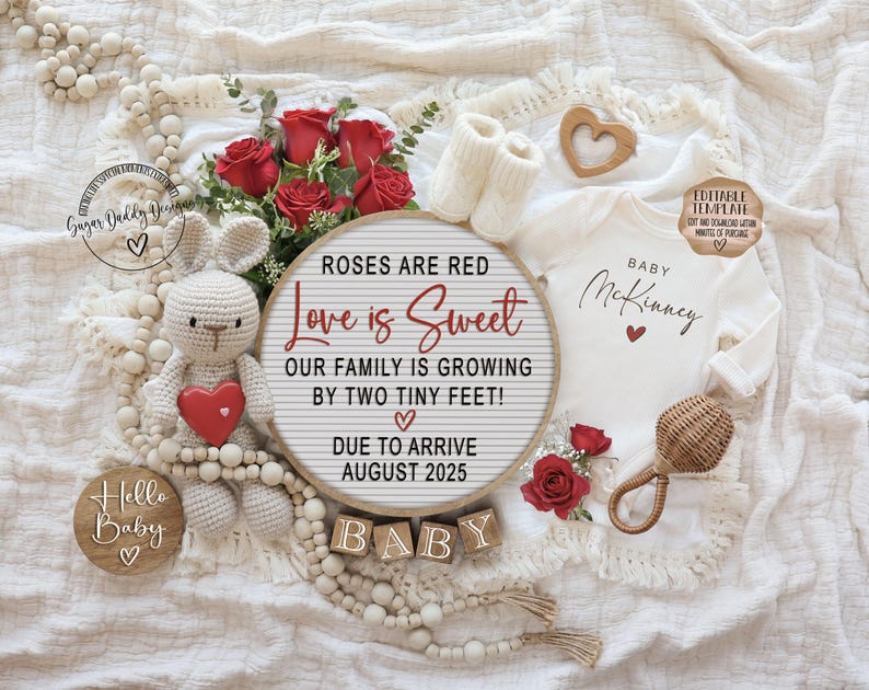 Valentines Pregnancy Announcement: Roses, Two Tiny Feet (digital ...