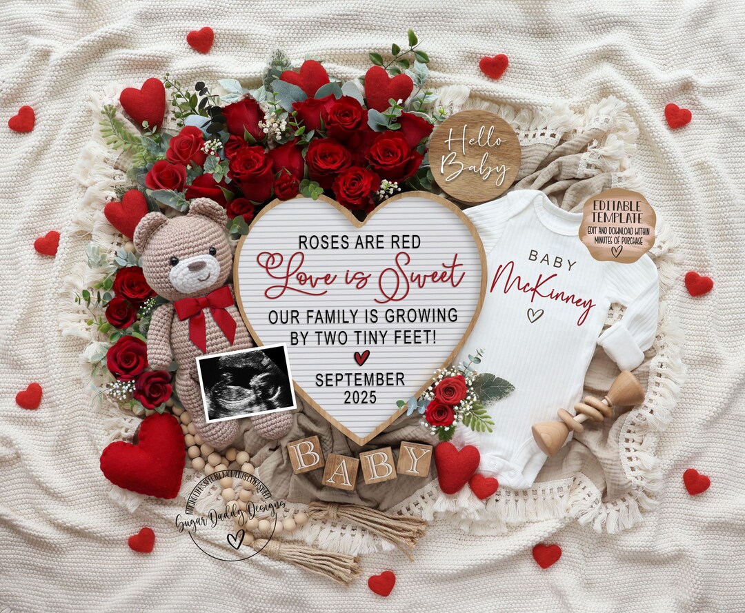Editable Valentine's Day Pregnancy Announcement: Roses, Two Tiny Feet ...