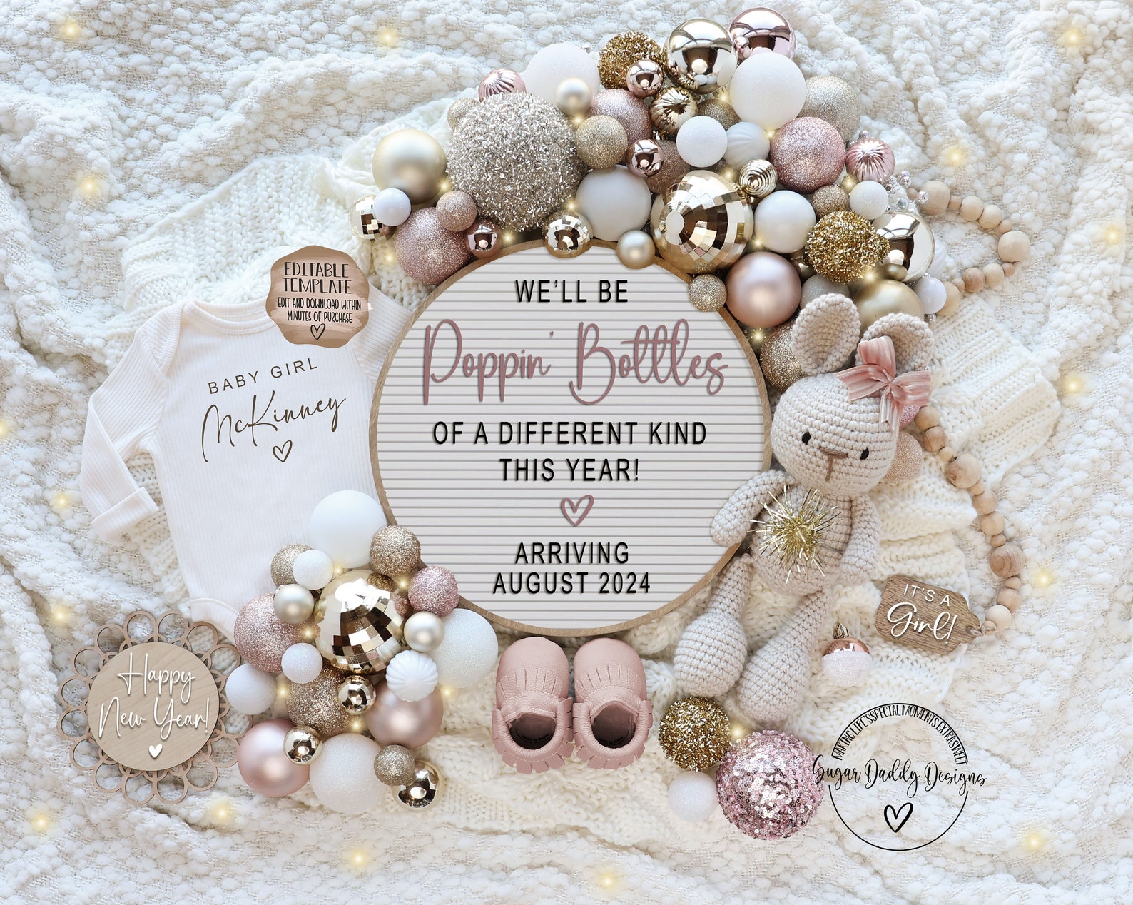 Baby Girl New Year Pregnancy Announcement 2025 (digital, Editable ...