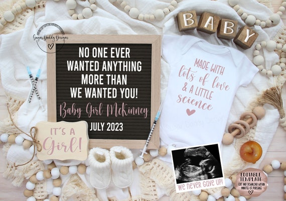IVF Girl Pregnancy Announcement Digital | Editable Template | IUI It's ...