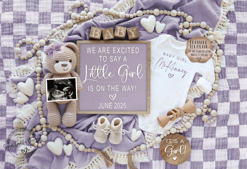 Purple Baby Girl Pregnancy Announcement: Editable Gender Reveal ...