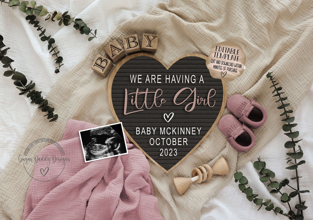 Baby Girl Digital Pregnancy Announcement \ Editable Template Baby Girl ...