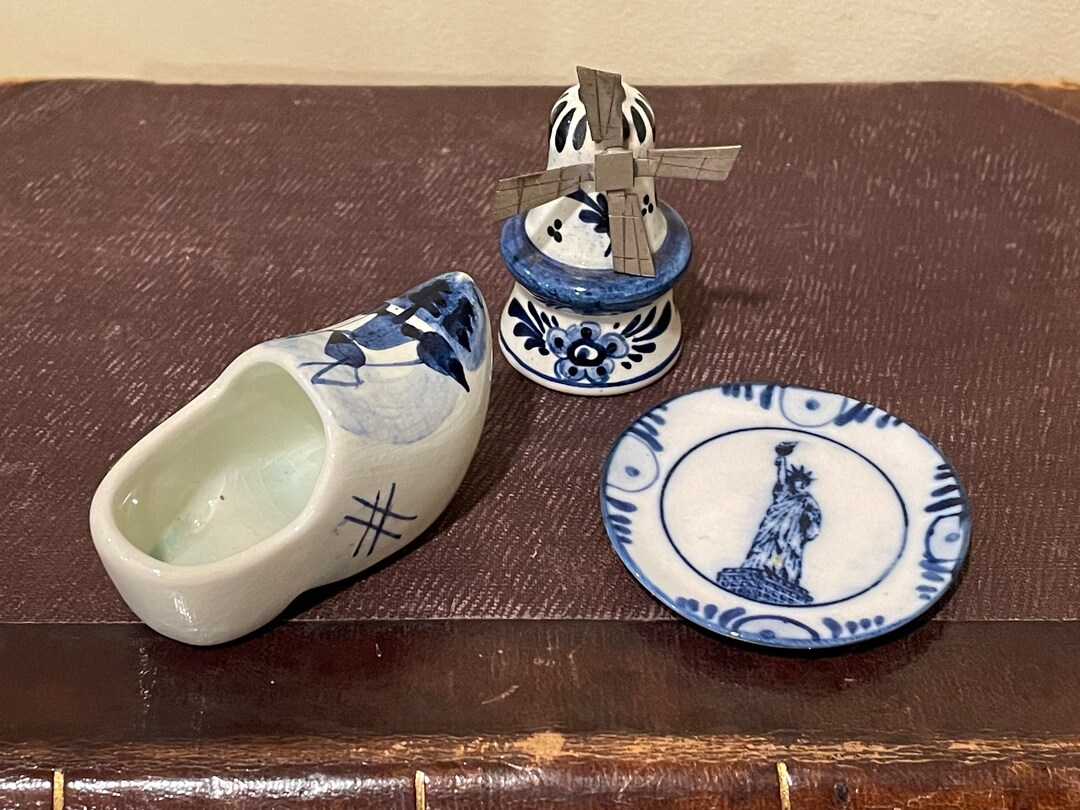 Hand Painted Delft Miniatures, Windmill, Dutch Shoe and Plate With the ...