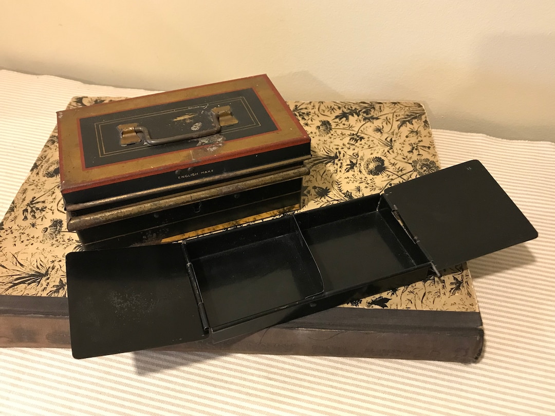Vintage Black Metal Bankers Box, Cash or Storage Box With Metal Divider ...