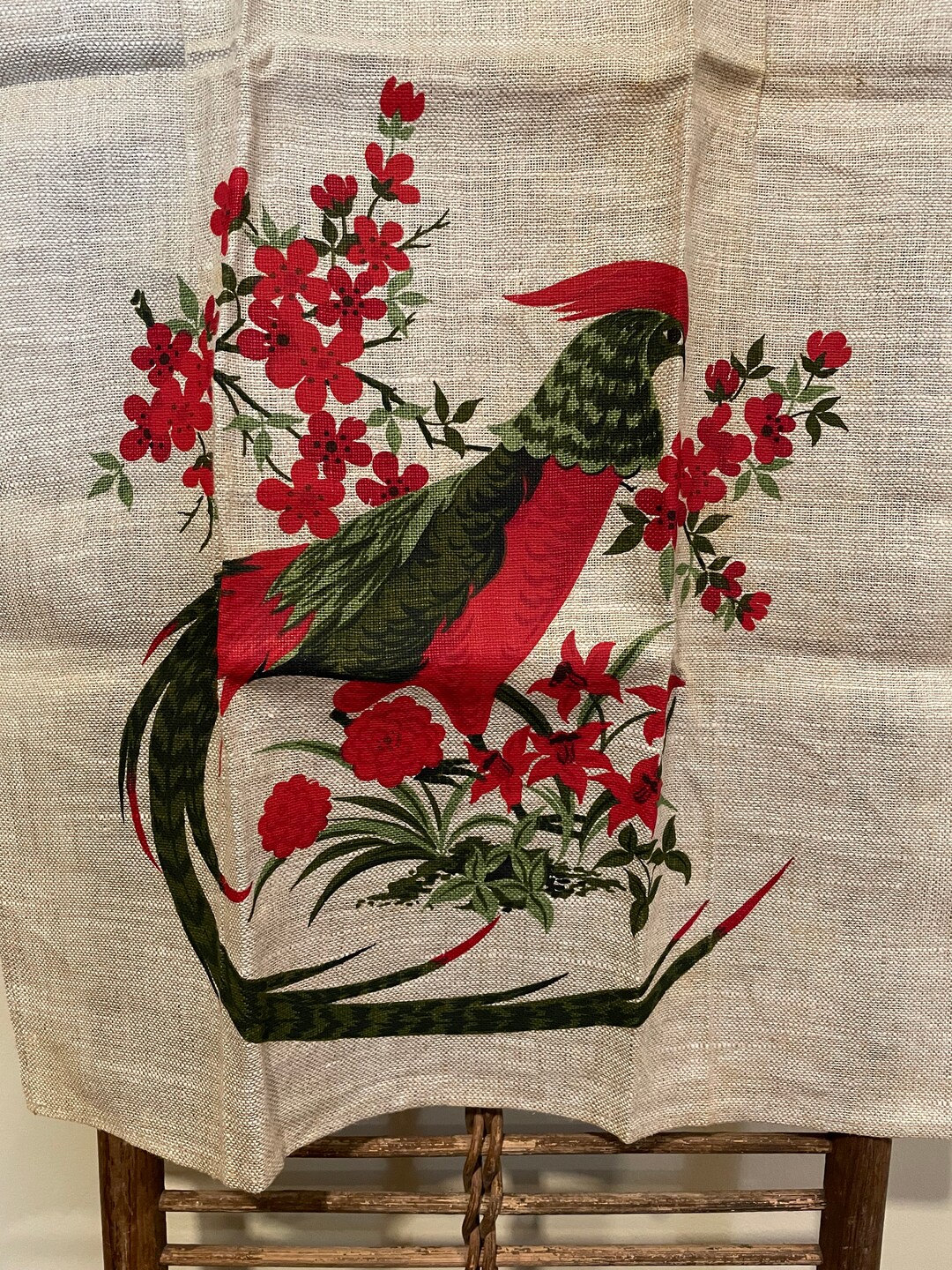 Hardy Craft Original Linen Tea Towel with Exotic Red Bird and Floral ...