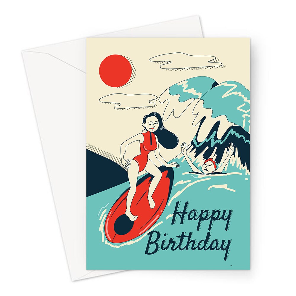 Happy Birthday Surfing Greeting Card Woman Surfing In The | Etsy