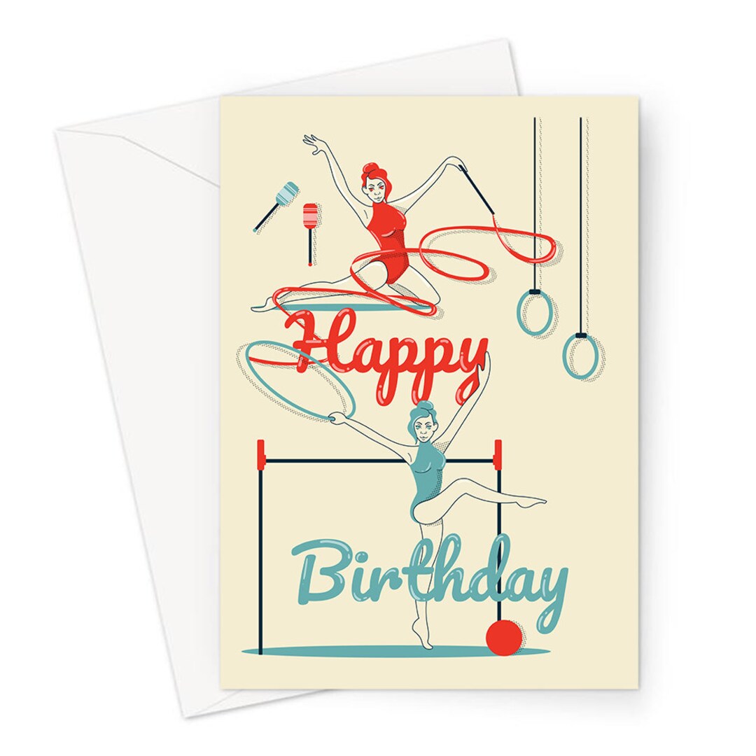 Happy Birthday Gymnastics Greeting Card Gymnasts Performing With Ribbon ...