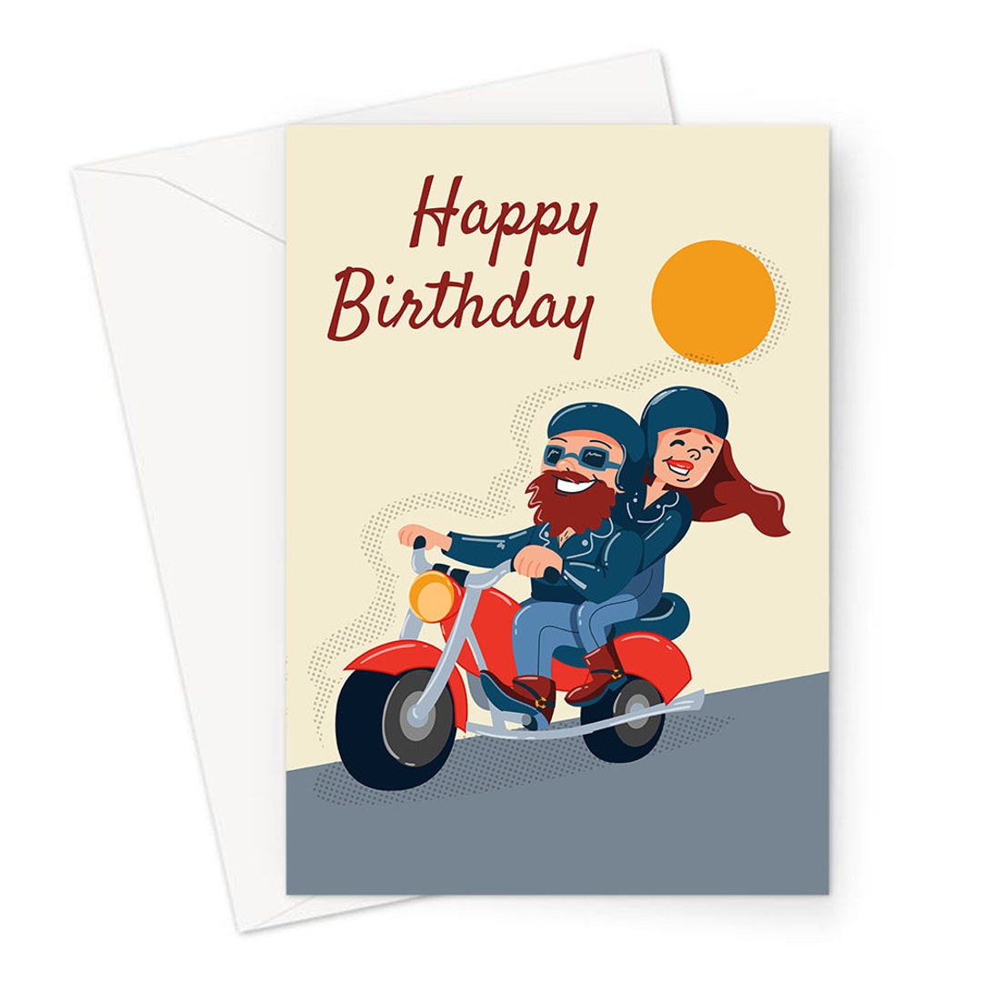 Happy Birthday Motorbikes Greeting Card | Couple on Motorbike Happy ...