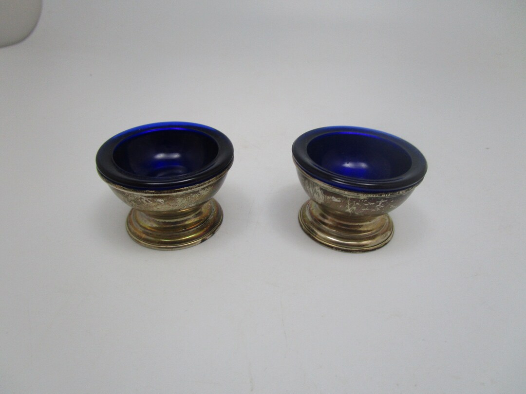 Antique Pair of Sterling Silver Individual Salt Cellars With Cobalt ...