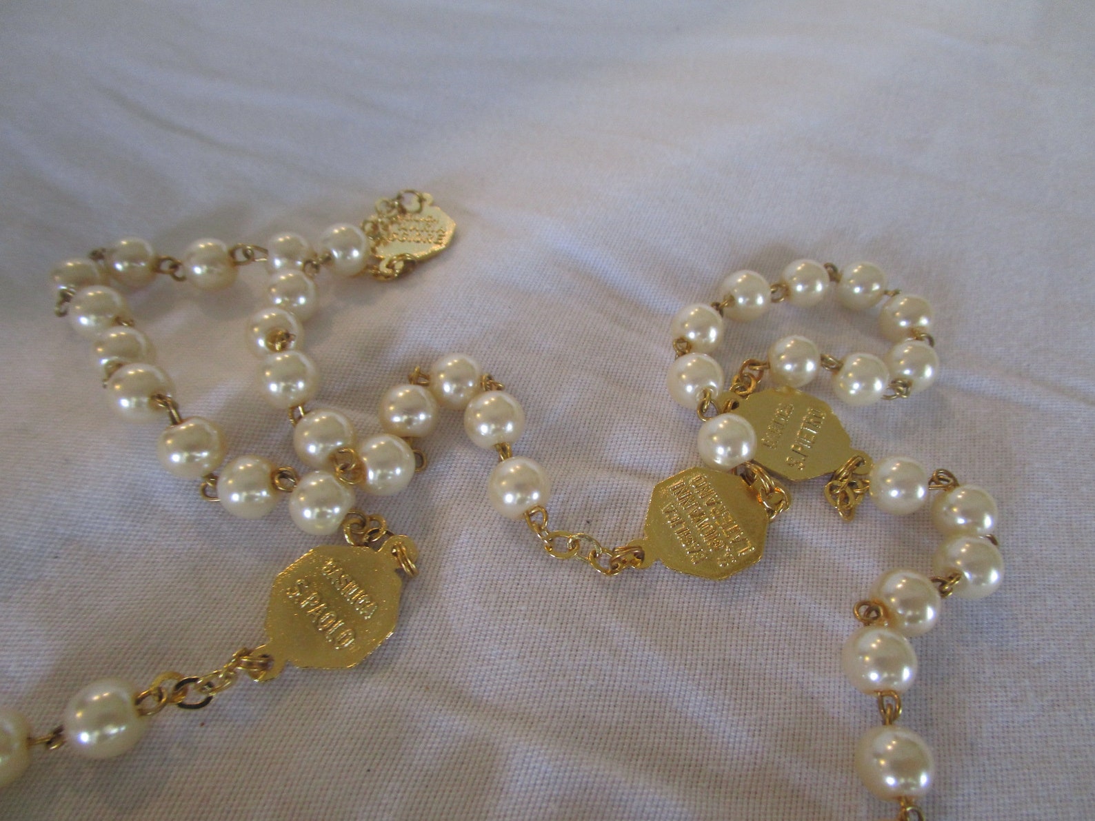 Nice Catholic 5 Saint Medal Rosary Gold Tone & Faux Pearl With Crucifix ...