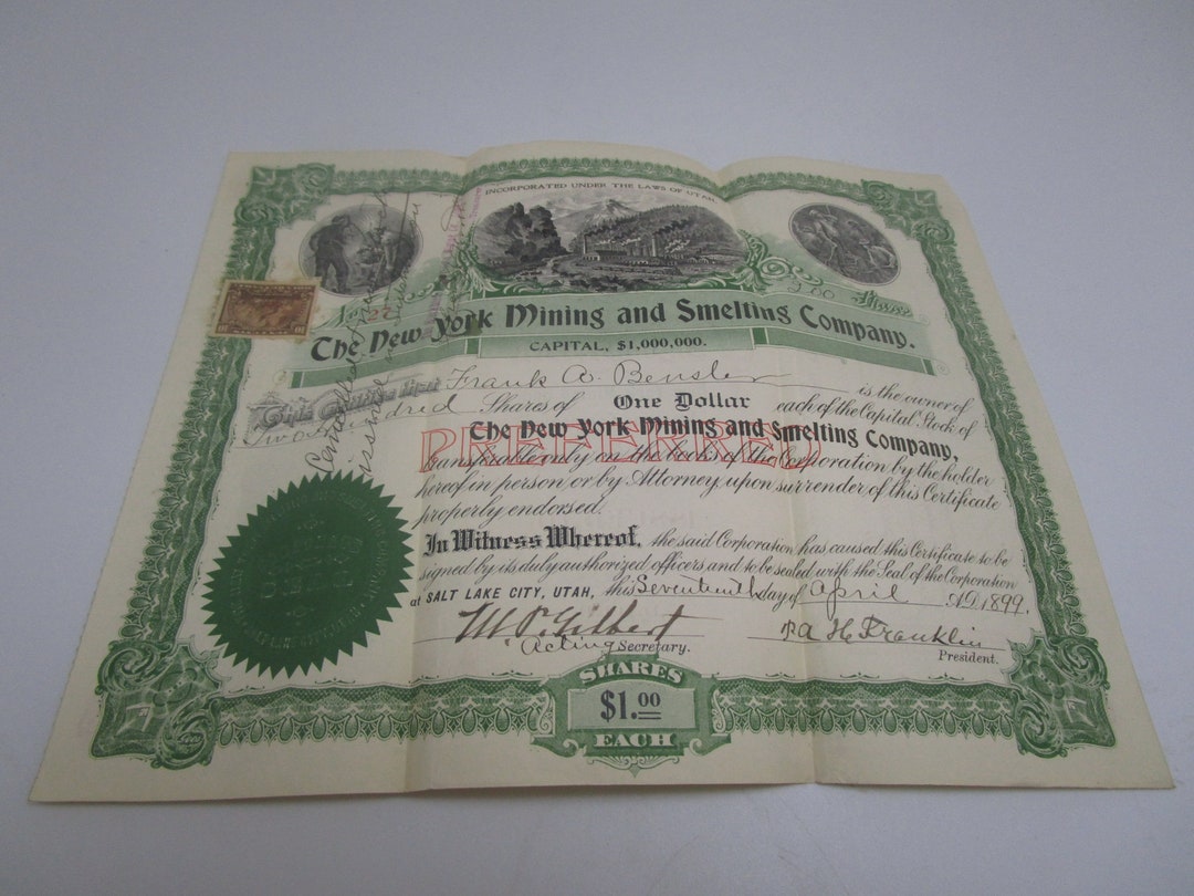 1899 Antique Stock Certificate Mining Doc Stamp 3 Vignettes " the New ...