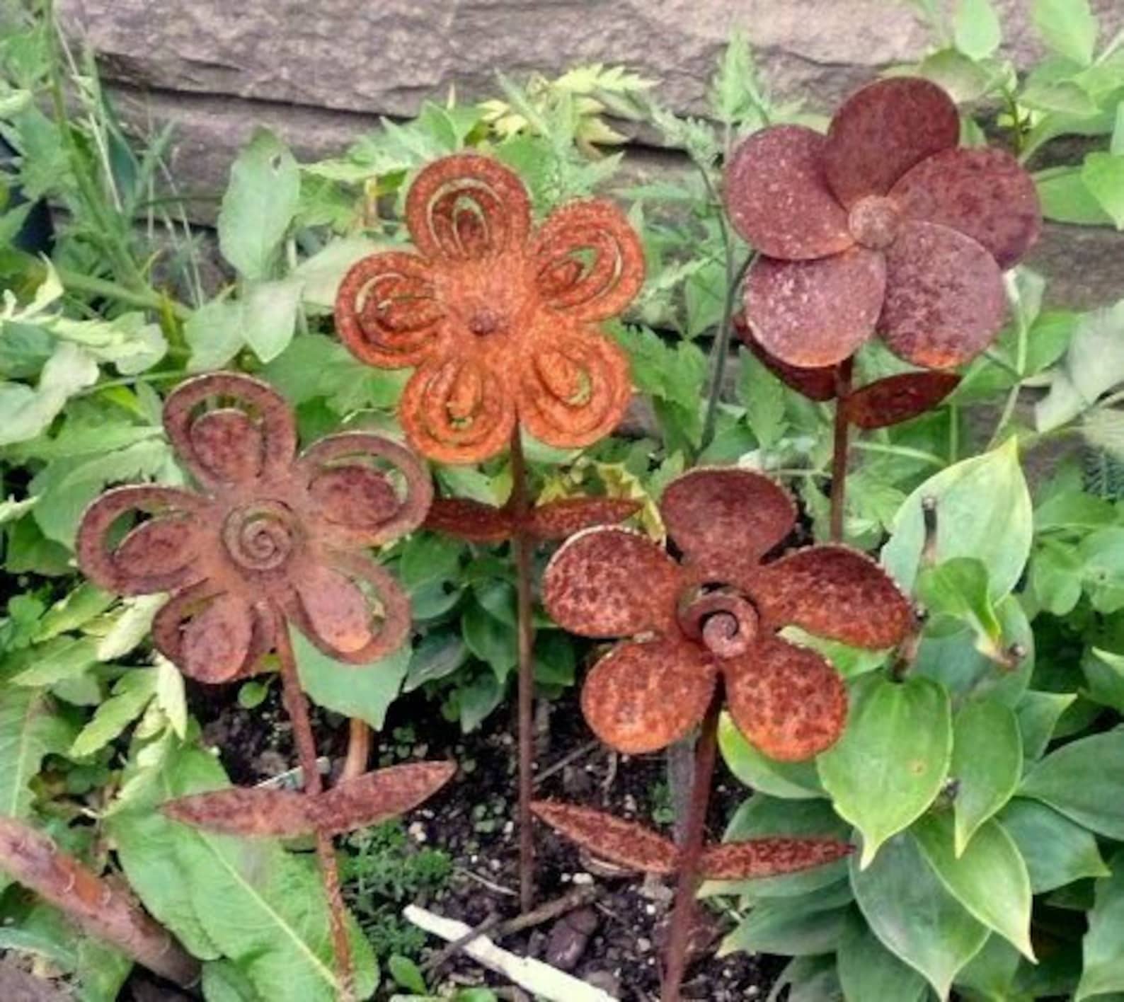 Set of 4 Cut Iron Metal Small Flower Picks Garden Stake Yard - Etsy