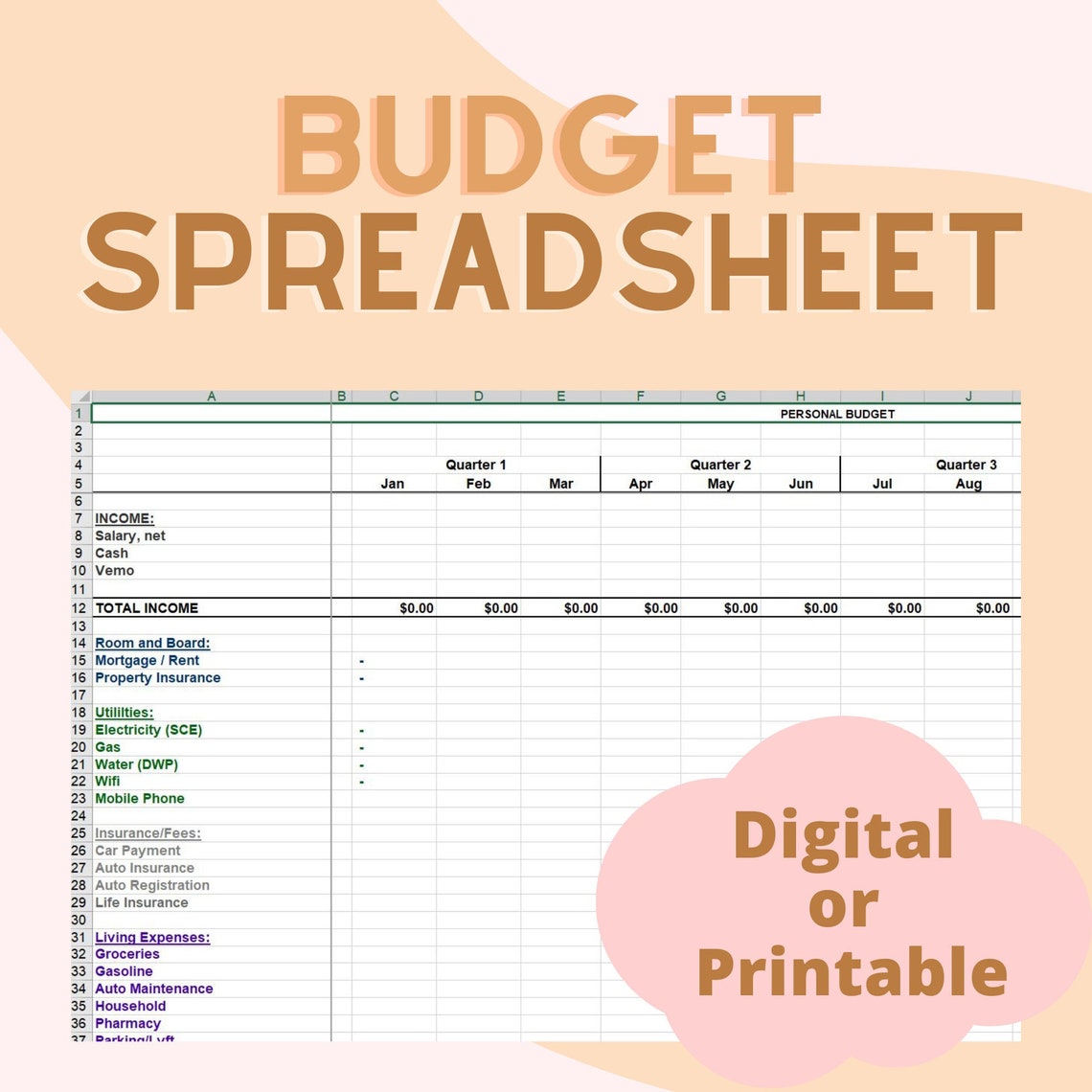 Downloadable Excel Workable Personal Budget Template - Etsy