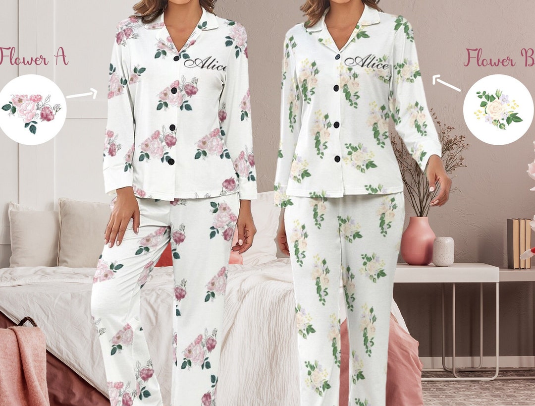 Personalized Name Satin Pajamas, Floral Pajamas Set, Custom Bridesmaid ...