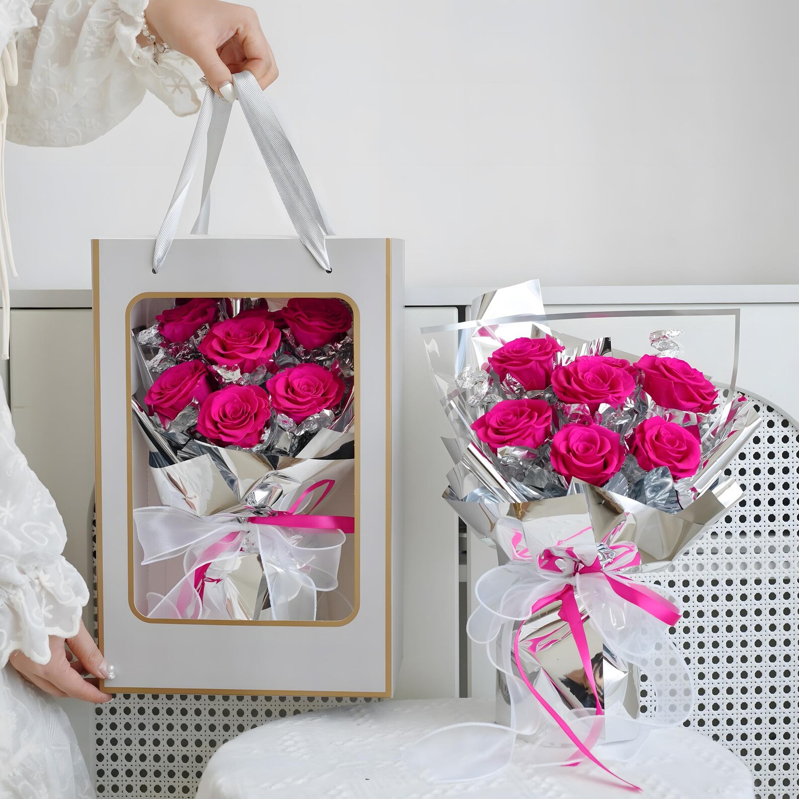 Romantic 7 Eternal Red Roses Flowers Bouquet, Handmade Everlasting ...