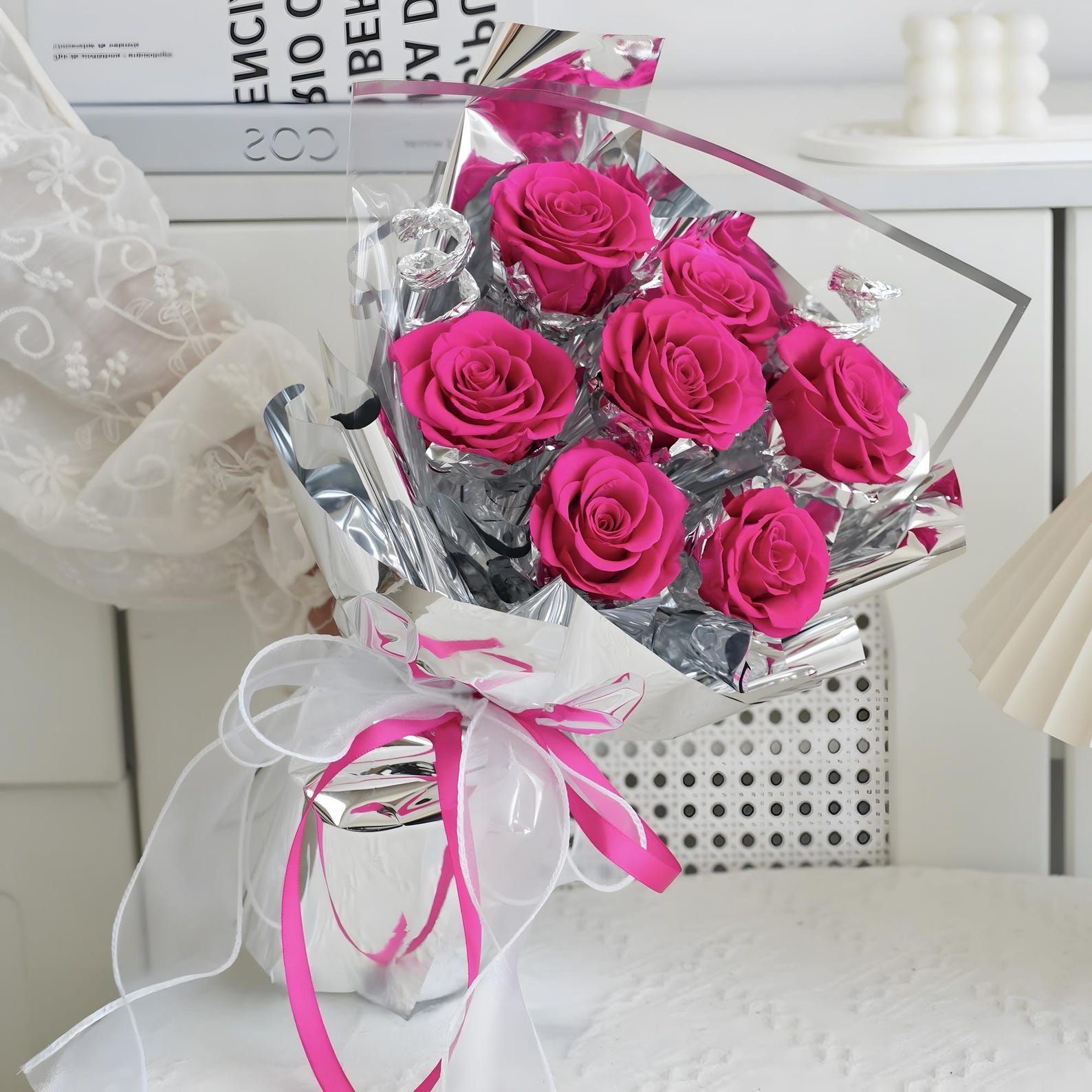 Romantic 7 Eternal Red Roses Flowers Bouquet, Handmade Everlasting ...