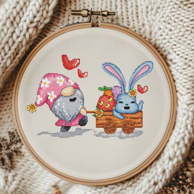 Easter Gnome Cross Stitch Pattern PDF Bunny Cart Embroidery Spring Hoop ...