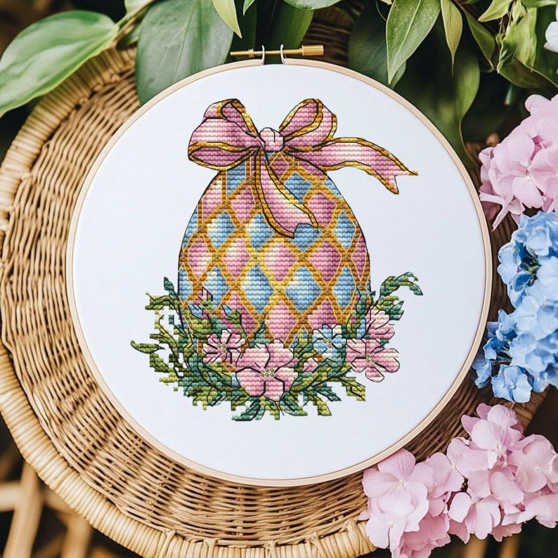 Easter Egg Cross Stitch Pattern, Vintage Floral Harlequin Beaded Ornament, Shabby Chic Digital ...