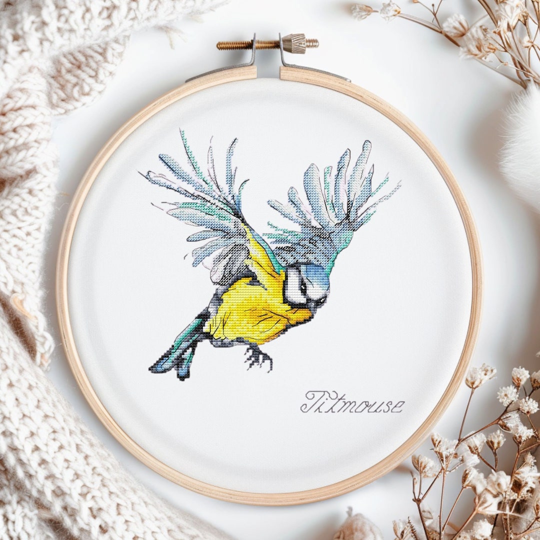 Flying Titmouse Cross Stitch Pattern: Whimsical Bird Embroidery (PDF ...