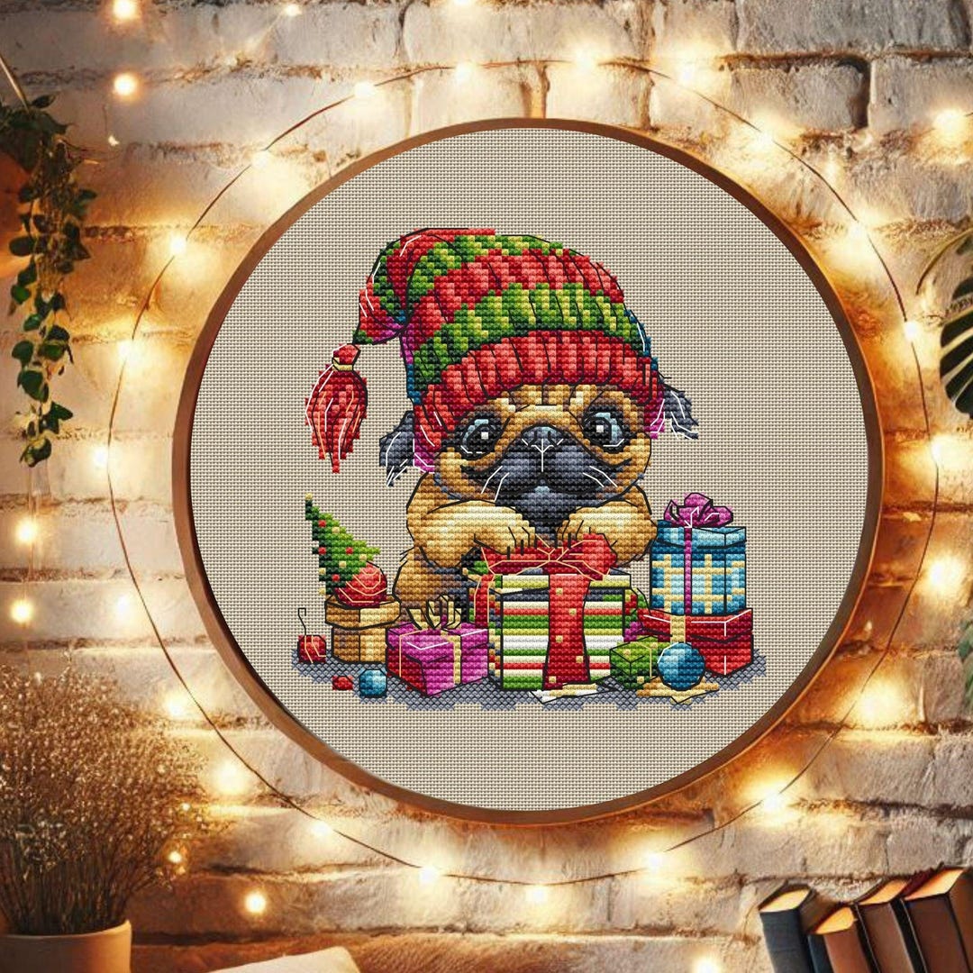 Christmas Pug Cross Stitch Pattern: Holiday Dog Embroidery (PDF Digital ...