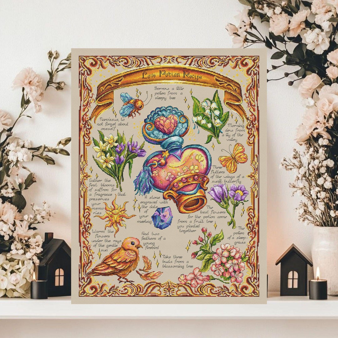 Love Potion Cross Stitch Pattern. Romantic Magic X Stitch Chart Digital ...