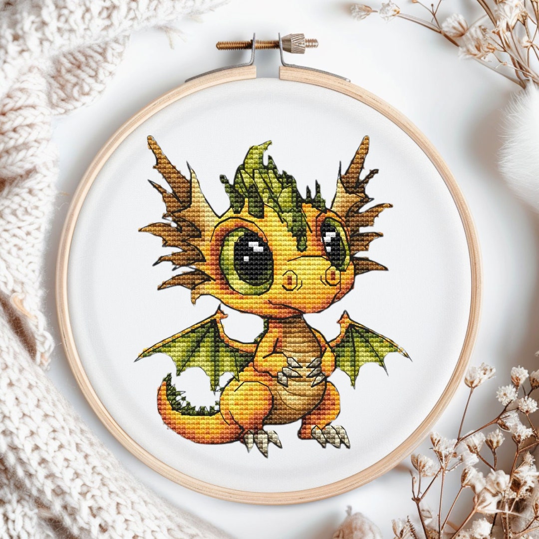 Yellow Dragon Cross Stitch Pattern. Digital Pattern Fantasy Baby Dragon ...