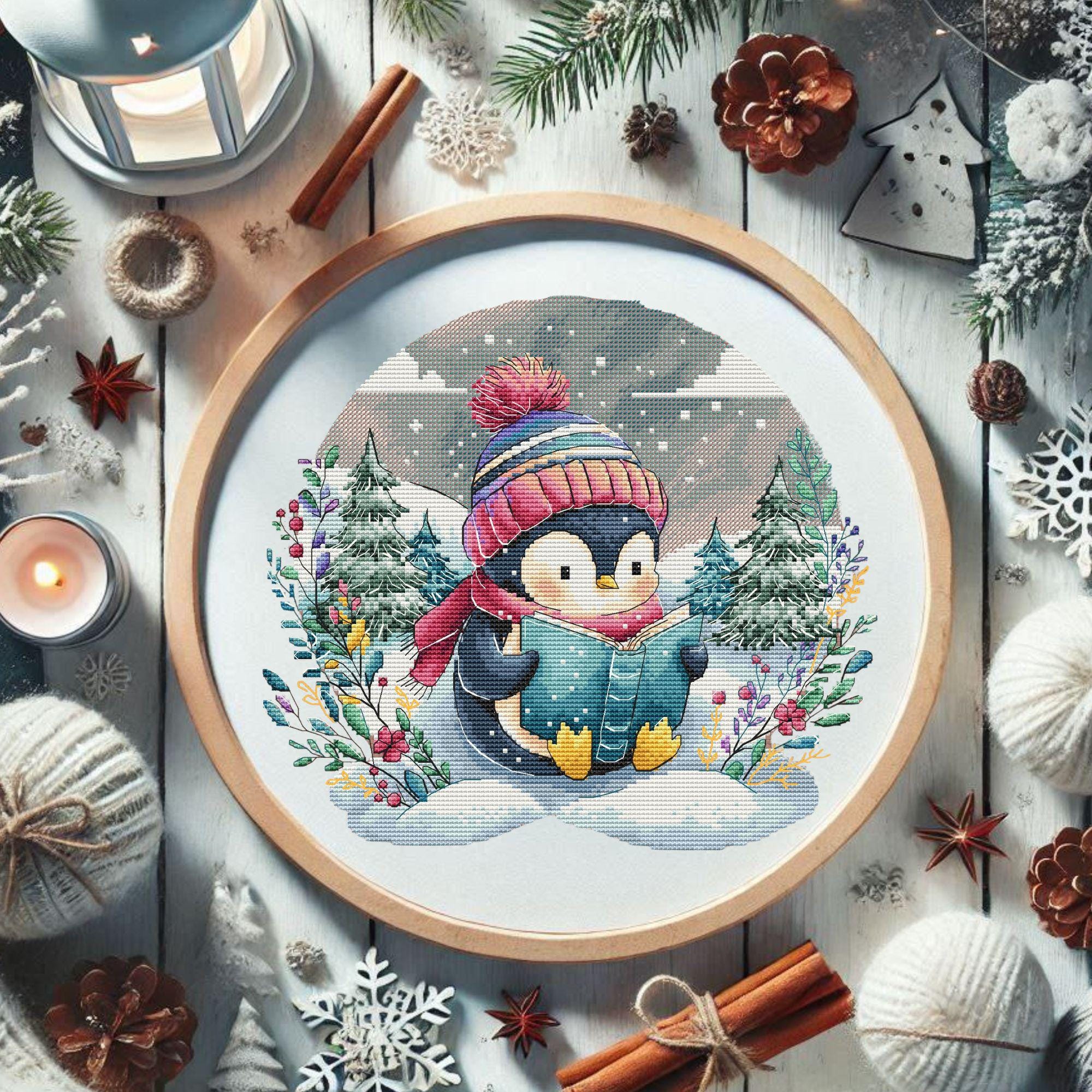 Penguin Reading Cross Stitch Pattern: Winter Landscape (digital Pattern ...