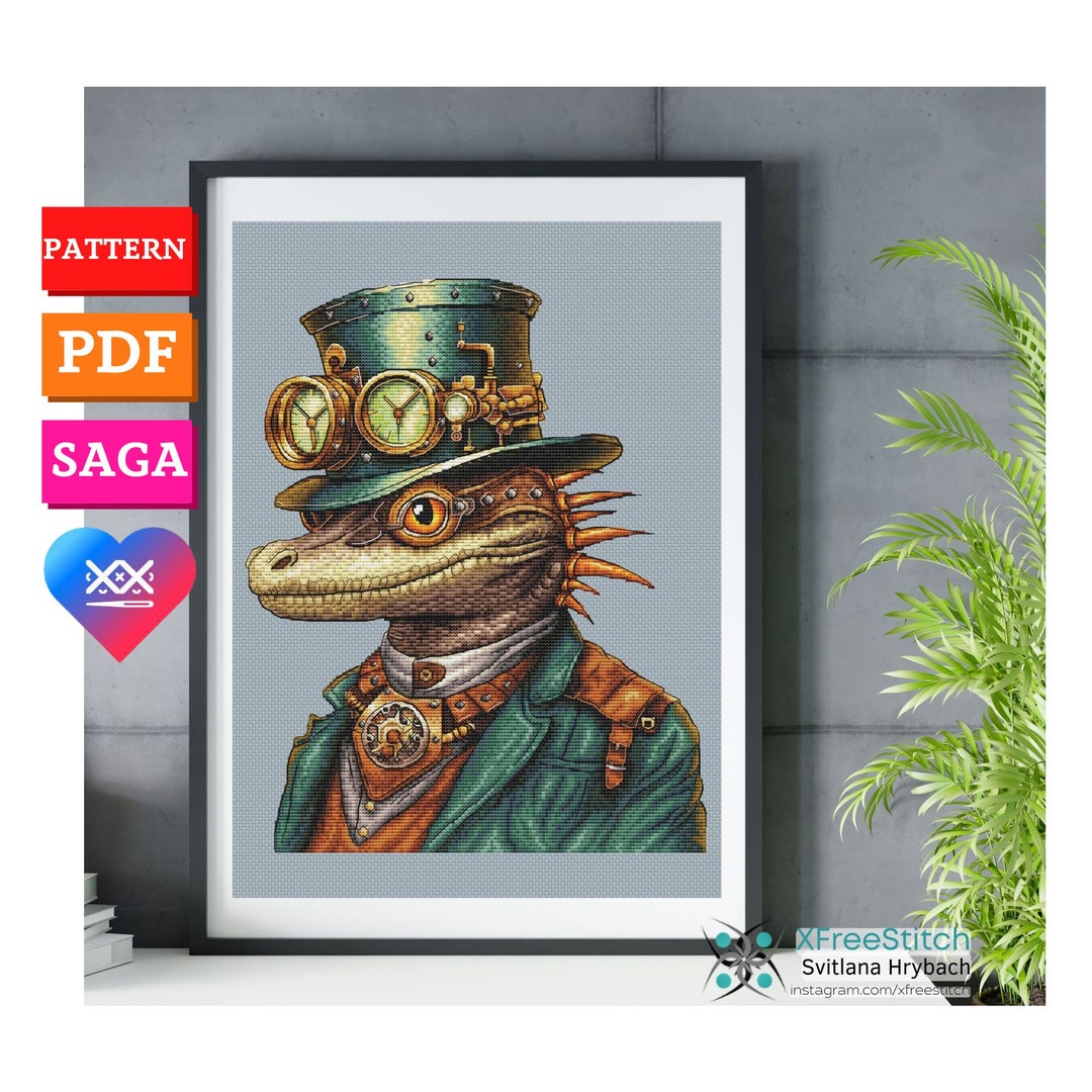 Mechanical Reptile Cross Stitch Pattern. Steampunk Iguana Digital ...