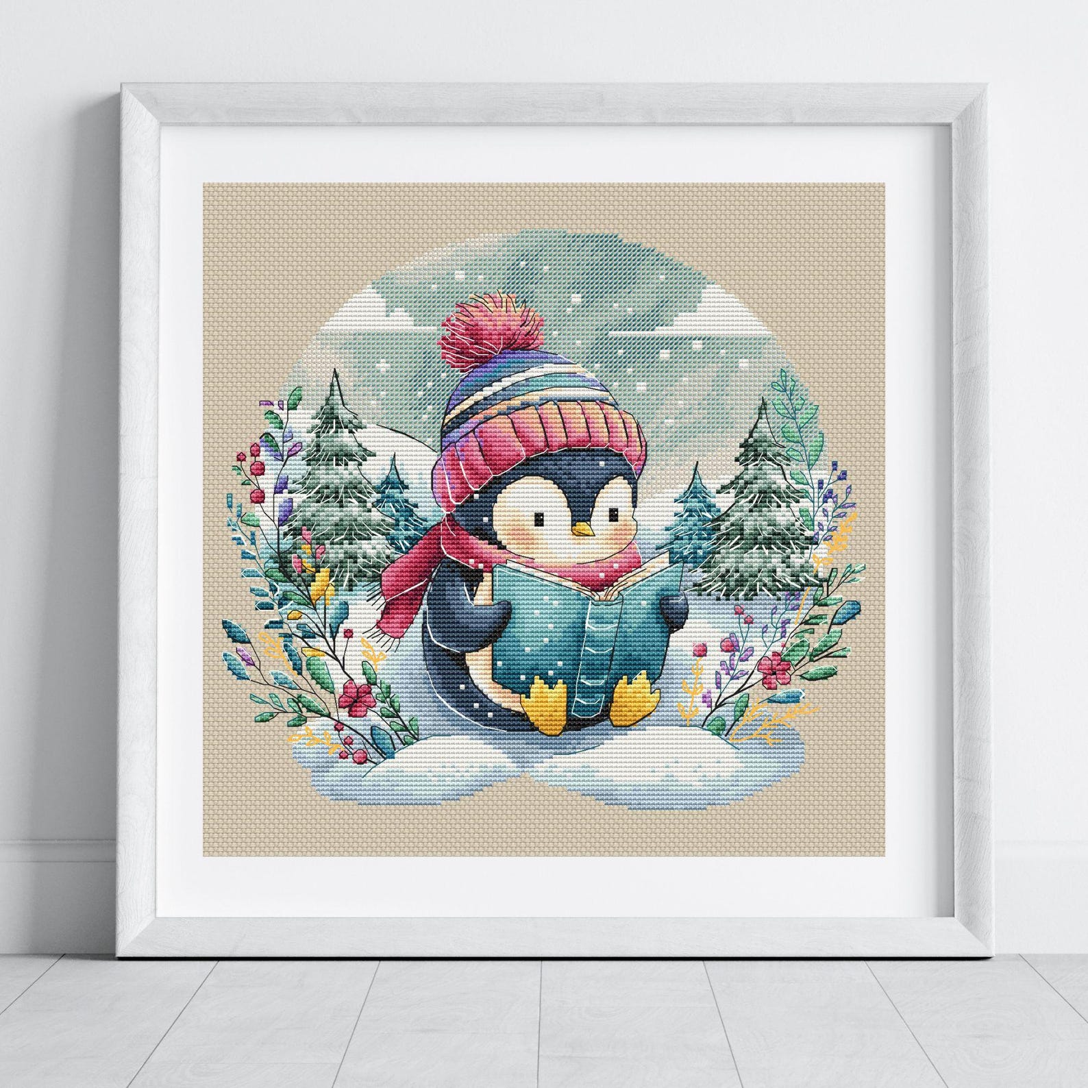 Penguin Reading Cross Stitch Pattern: Winter Landscape (digital Pattern ...