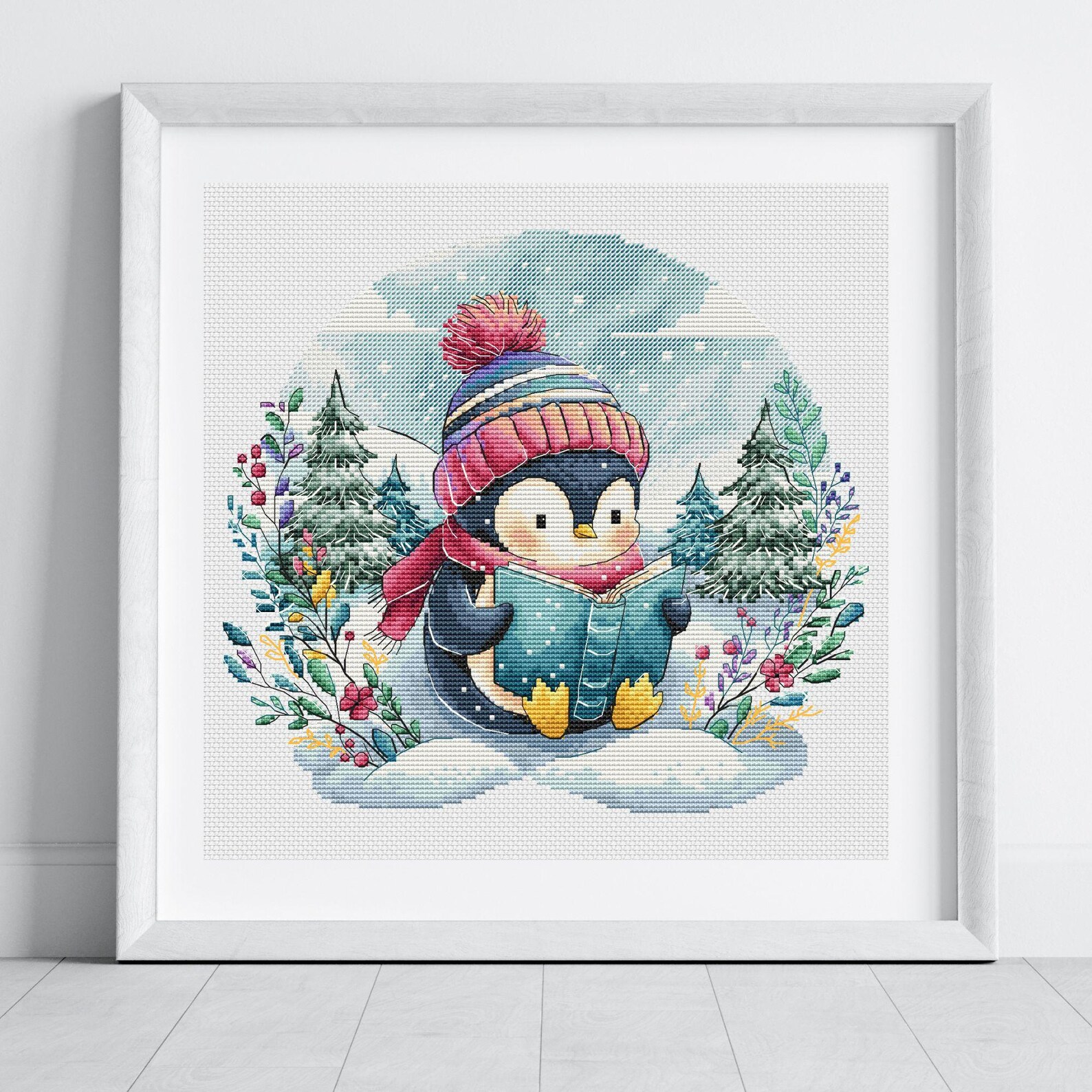 Penguin Reading Cross Stitch Pattern: Winter Landscape (digital Pattern ...