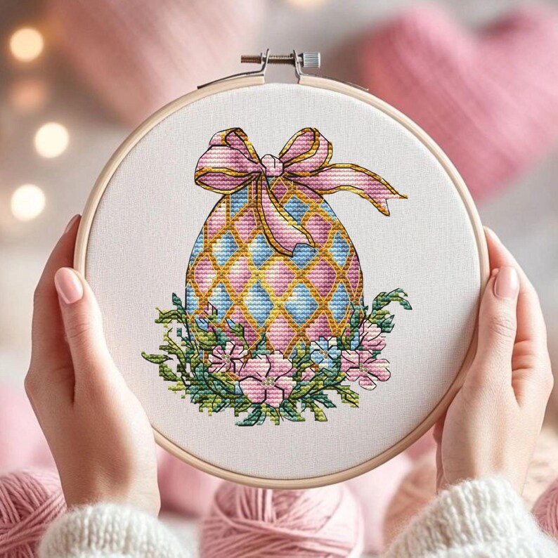 Easter Egg Cross Stitch Pattern, Vintage Floral Harlequin Beaded Ornament, Shabby Chic Digital ...